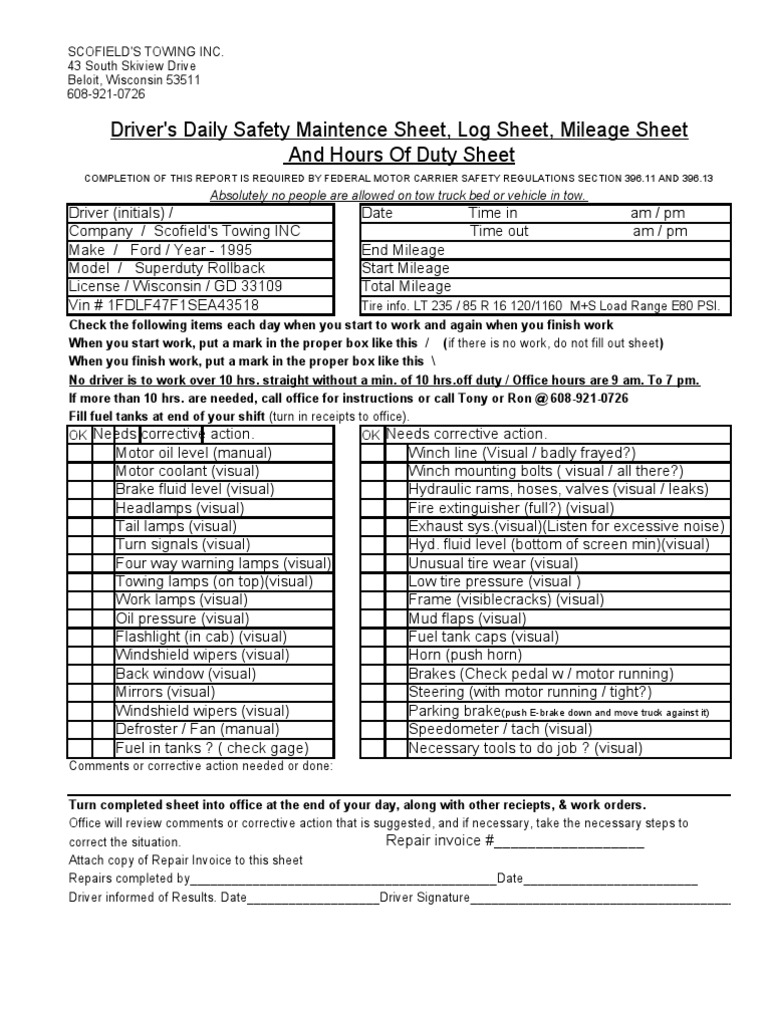 Drivers Daily Check Sheet Log Sheet Mileage Sheet | Truck | Fuel ...