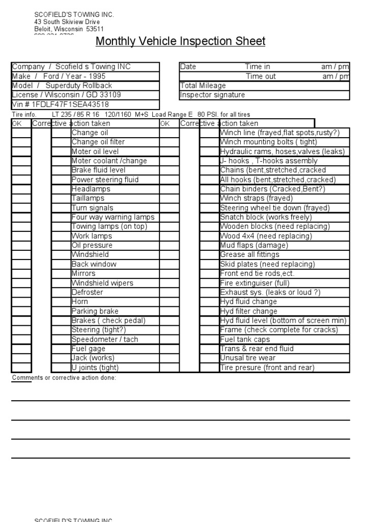 Monthly Vehicle Inspection Checklist | PDF | Tire | Transportation ...