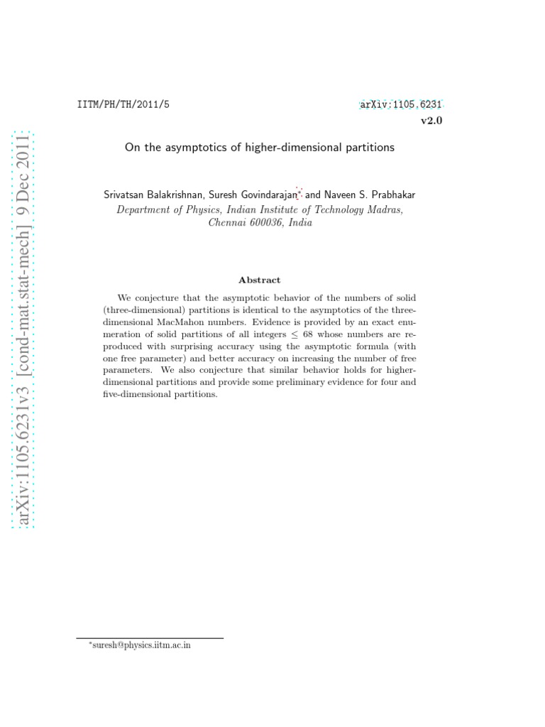 On The Asymptotics of Higher-Dimensional Partitions: Iitm/Ph/Th/2011/5 Arxiv:1105.6231 V2.0 ...