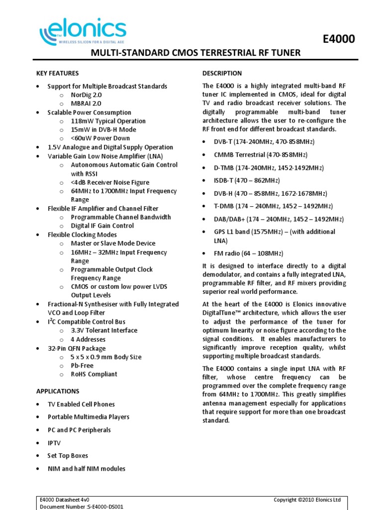 Elonics E4000 Low Power CMOS Multi Band Tuner Datasheet | PDF ...
