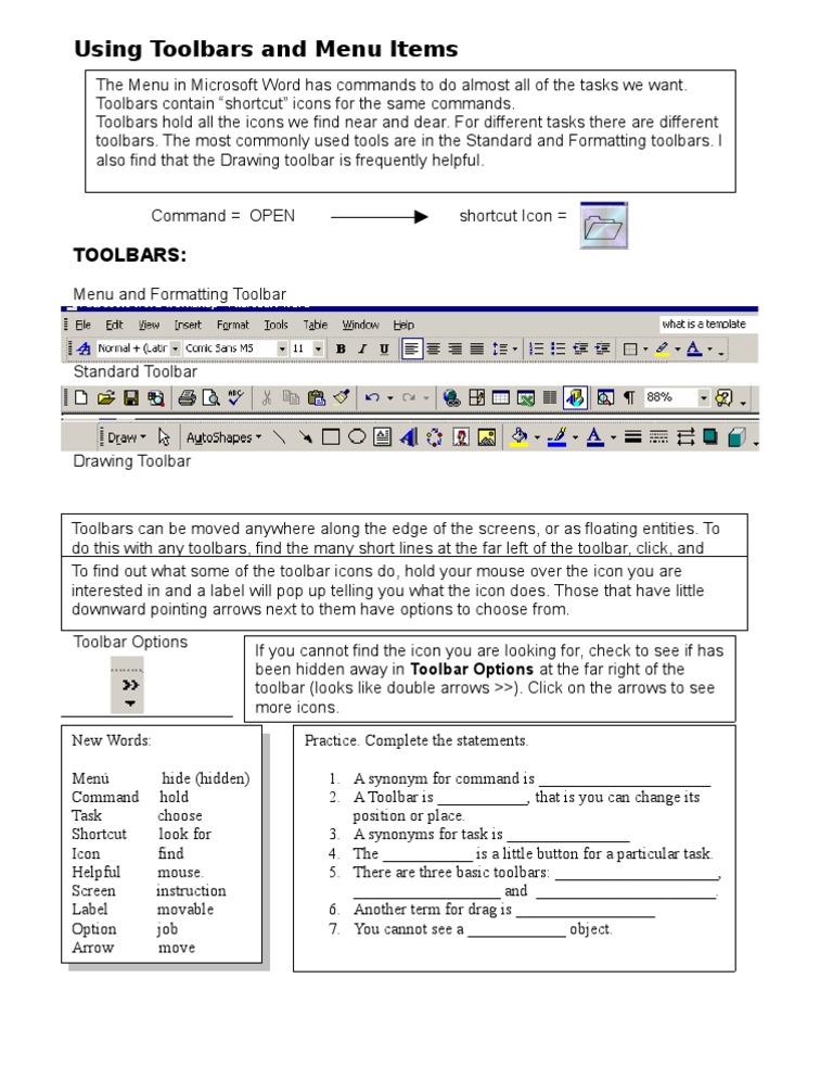 004-Using Toolbars Review | PDF | Icon (Computing) | Menu (Computing)