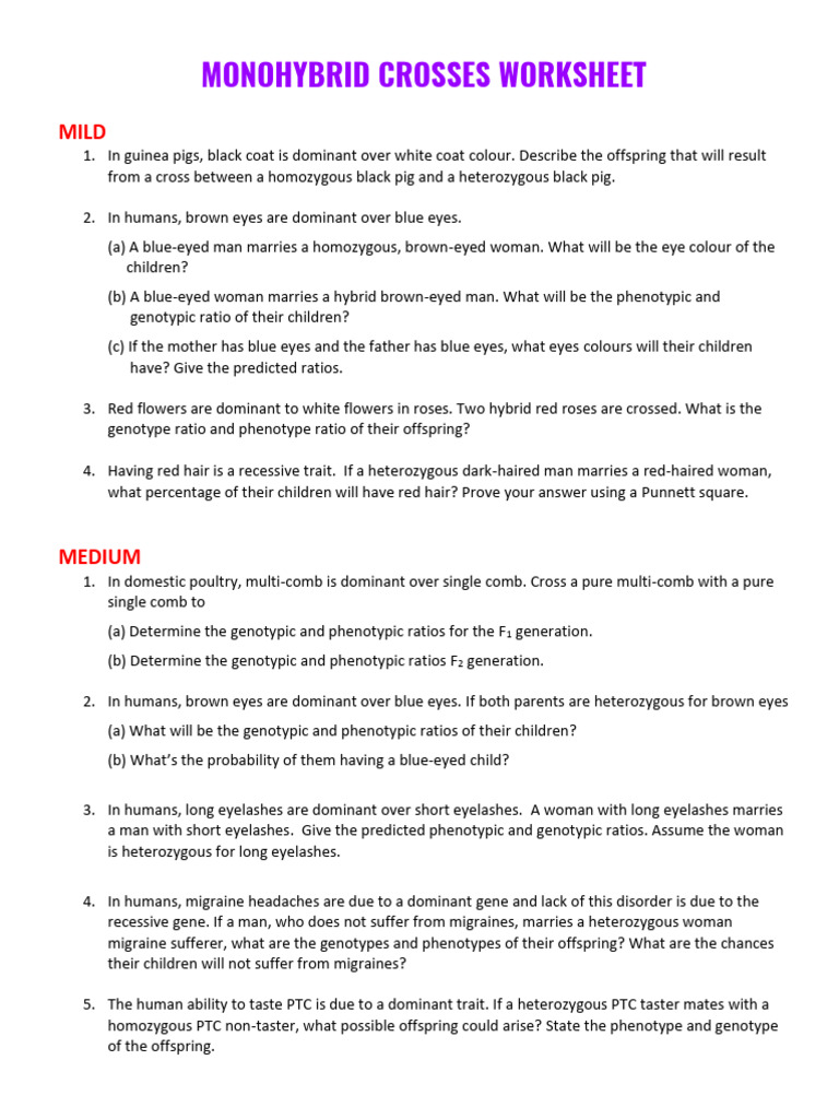 Monohybrid Crosses Worksheet - Levelled (1) | PDF | Dominance (Genetics ...