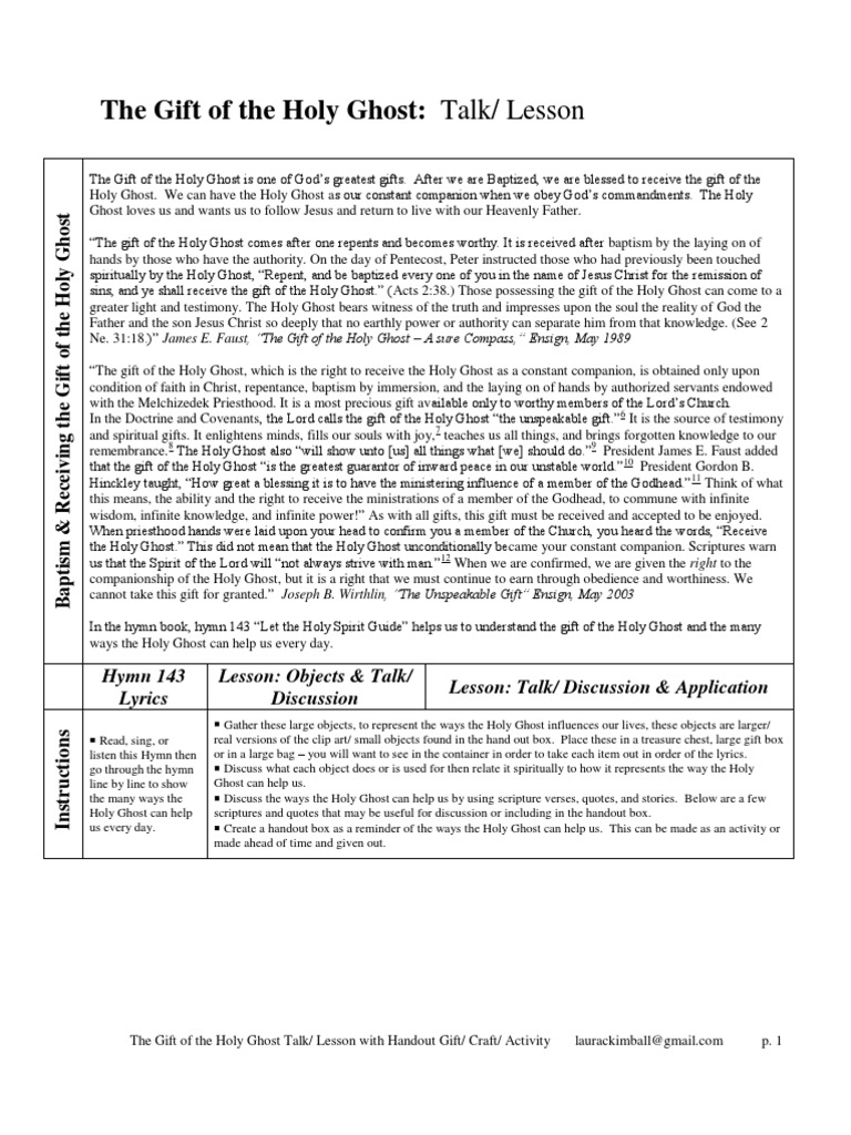 The Gift of The Holy Ghost - Talk - Lesson - Activty - With Handout ...
