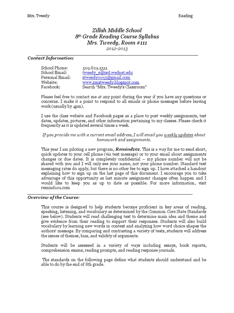 Zillah Middle School 8 Grade Reading Course Syllabus Mrs. Tweedy, Room ...