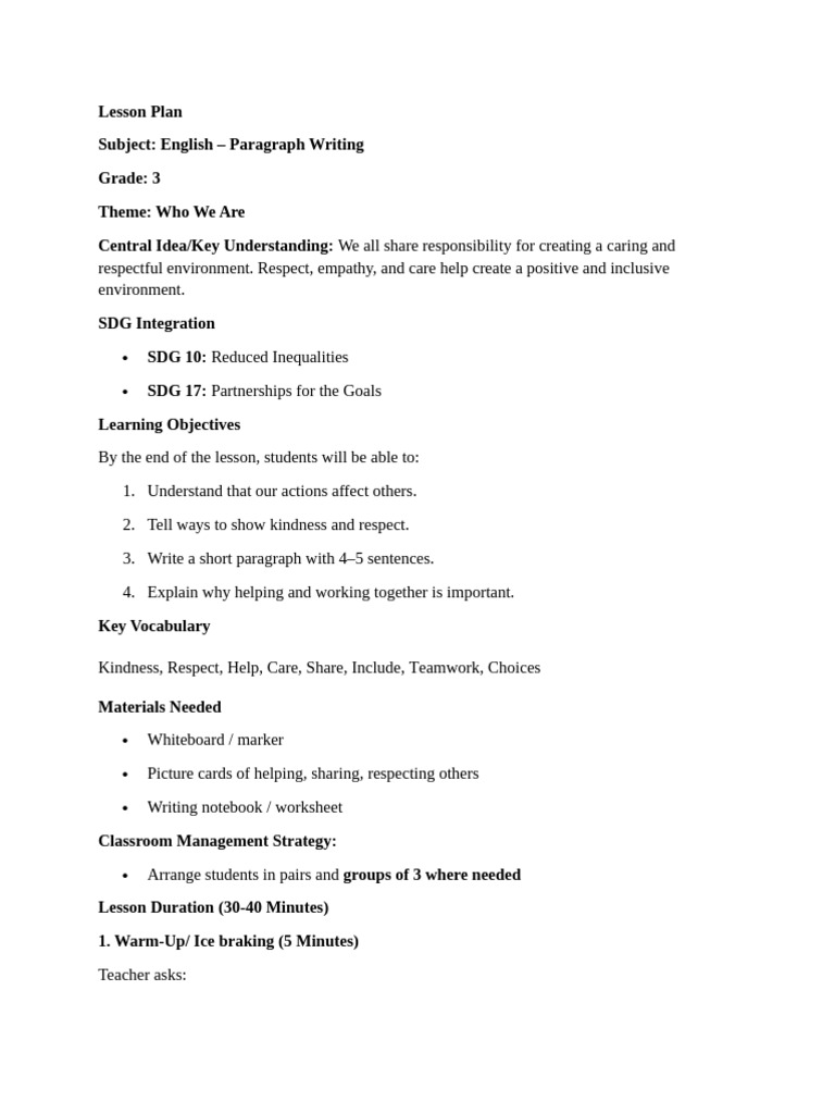 Paragraph Writing Grade 3 Lesson Plan (IB) | PDF | Lesson Plan | Human ...