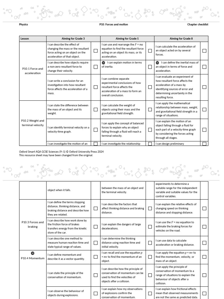 AQAGCSE 4ed Phys P10 Chapter Checklist | PDF | Force | Mass