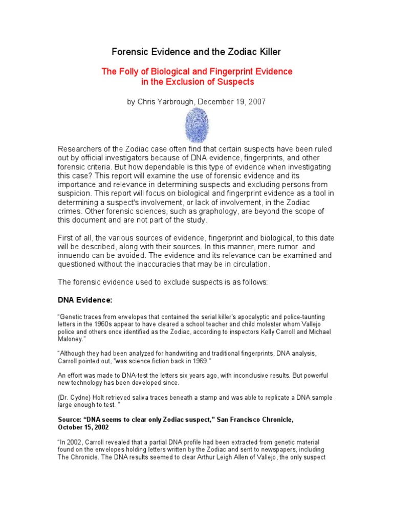 Forensic Evidence and The Zodiac Killer | PDF | Forensic Science | Dna ...