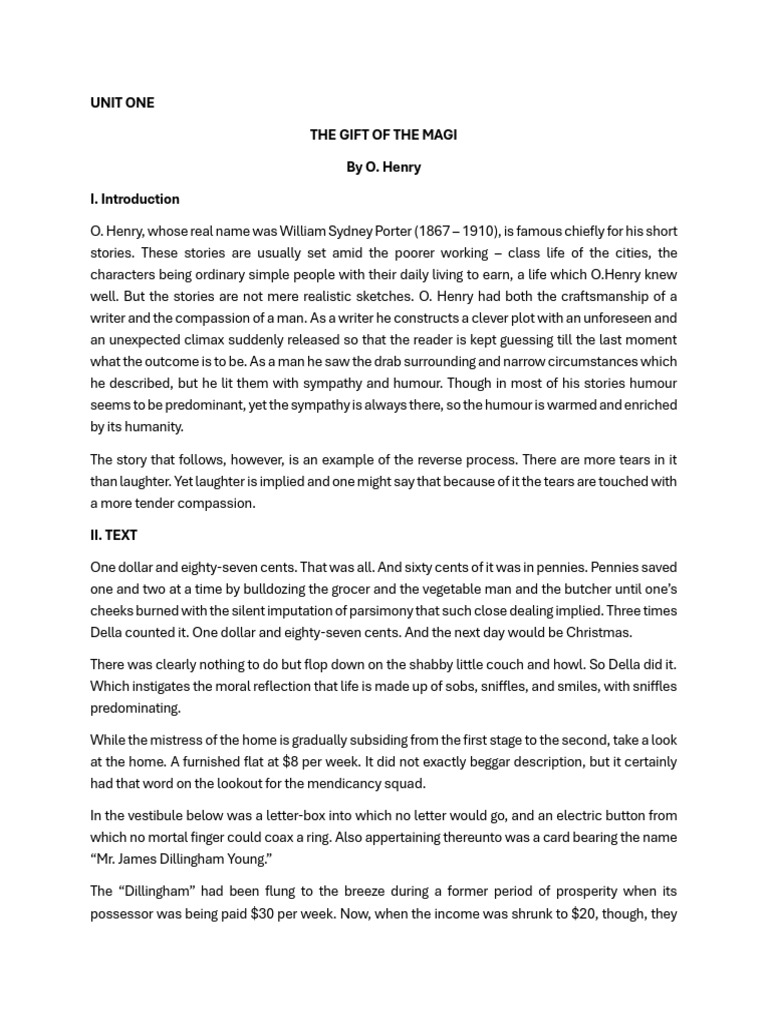 Unit One - The Gift of the Magi | PDF | O. Henry