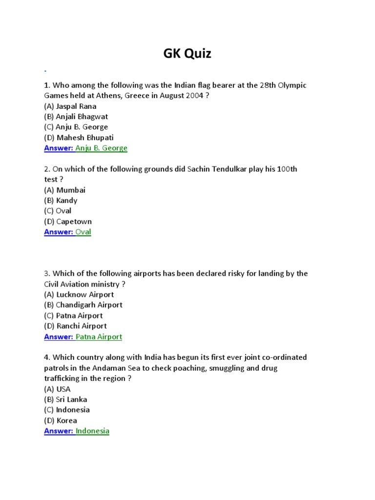 GK Questions for Class 8 with Answers | PDF