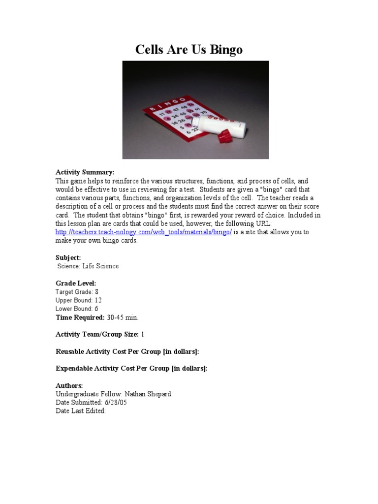 Cell Bingo Lesson Plan | PDF | Cellular Respiration | Genetics