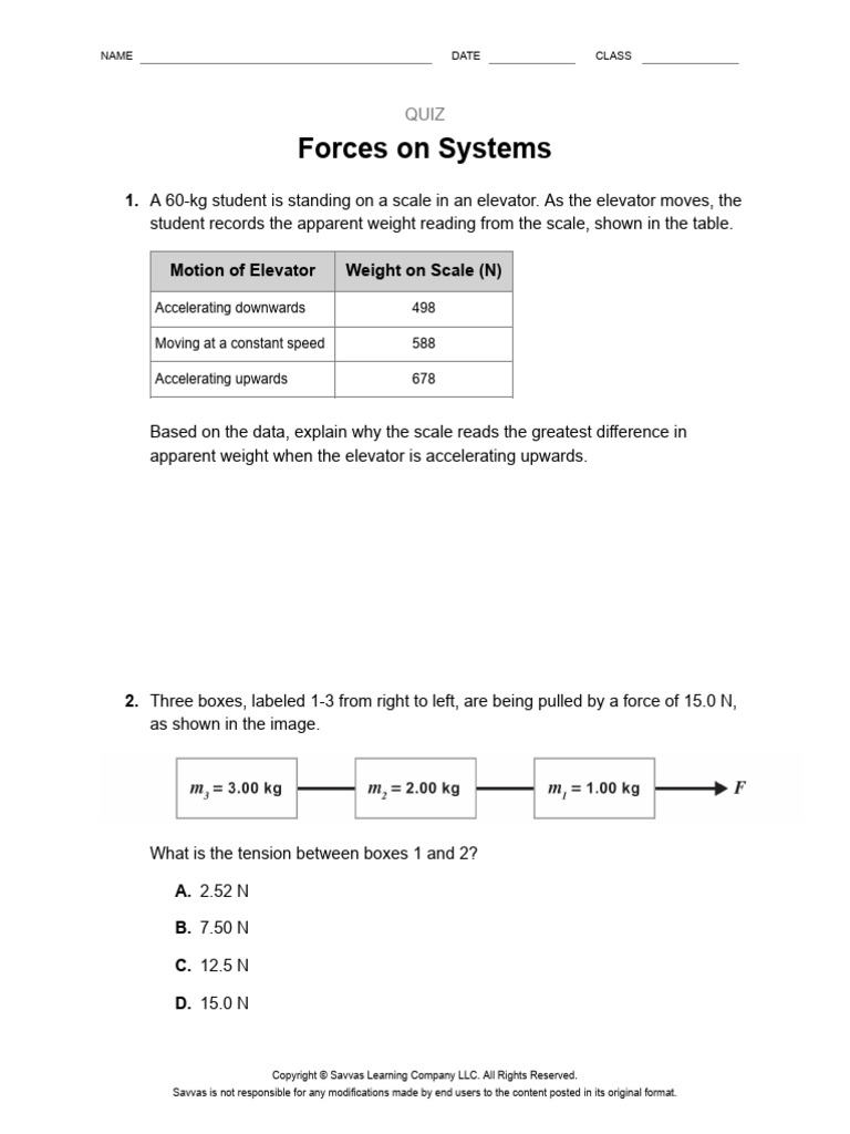Editable Quiz PDF Forces on Systems | PDF | Force | Tension (Physics)