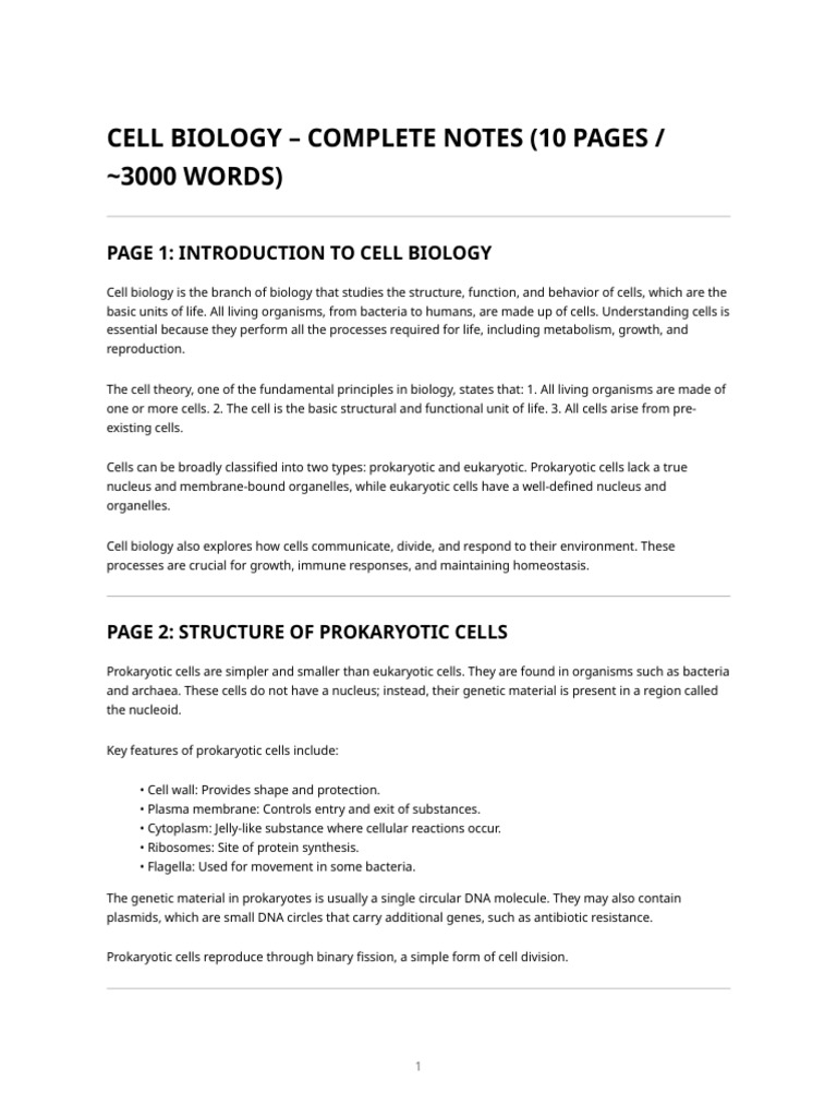 Cell Biology Notes (10 Pages, ~3000 Words) | PDF | Cell (Biology ...