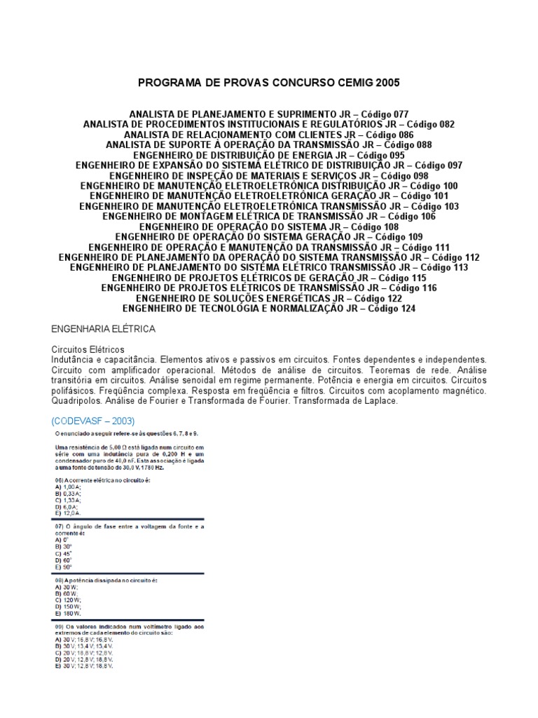 Programa de Provas Concurso CEMIG 2005 | PDF | Corrente direta | Taxas temporais