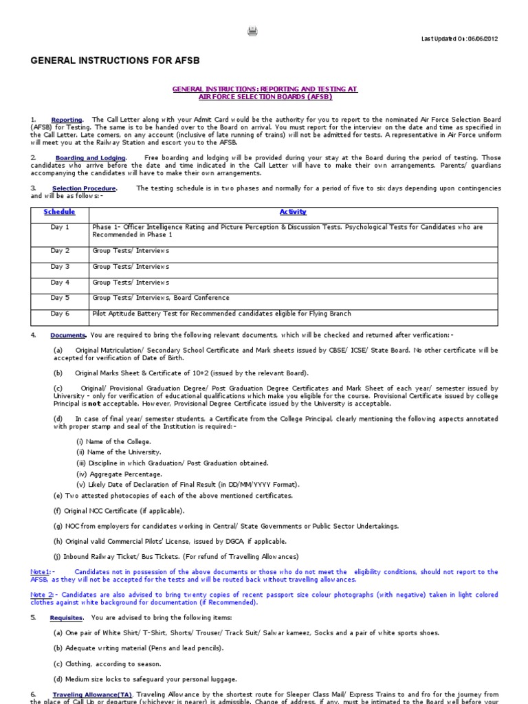 General Instructions For AFSB - Career Air Force-India | PDF ...