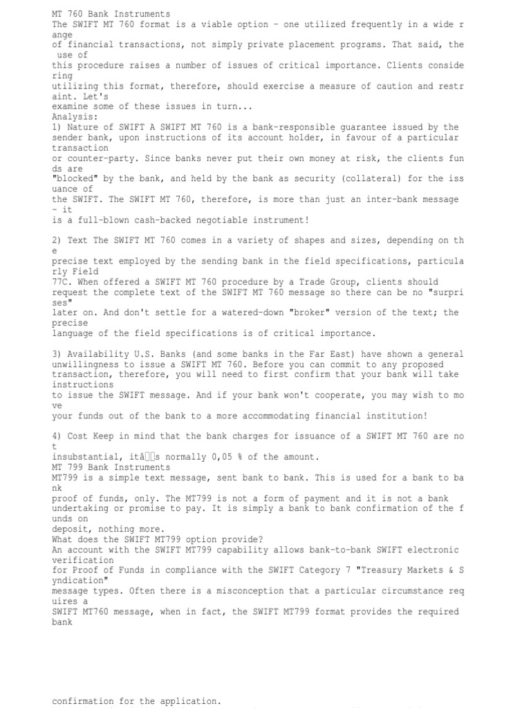 Swift MT 760 & MT 799 | PDF | Banks | Financial Markets