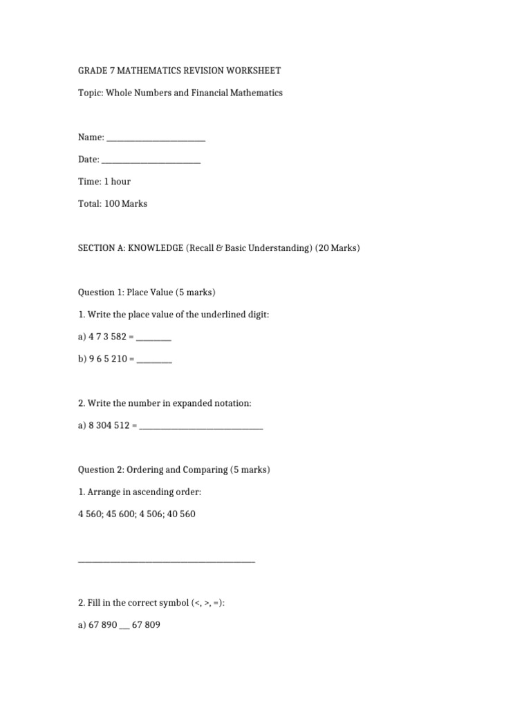 Grade 7 Maths Revision Worksheet | PDF | Interest | Mathematics