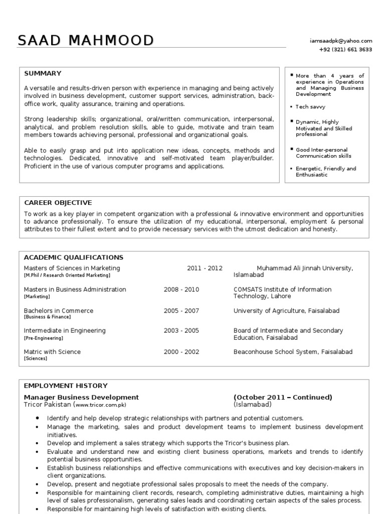 Saad CV | PDF | Business Development | Sales
