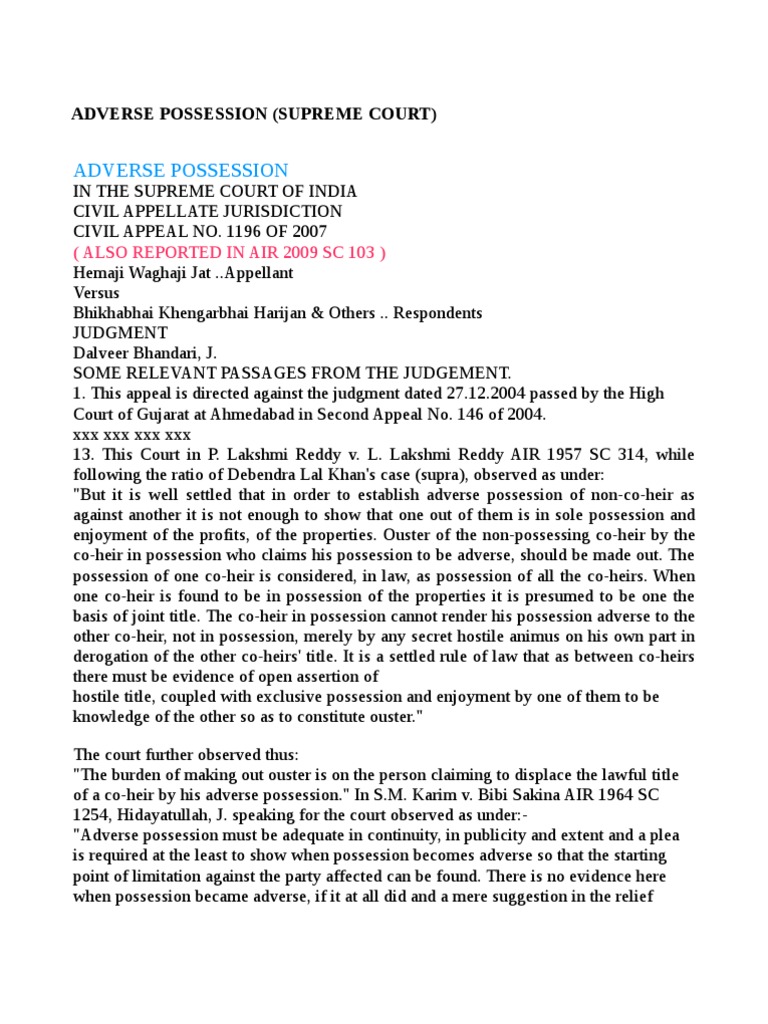 Analysis of Key Principles of Adverse Possession Established by the ... Analysis of Key Principles of Adverse Possession Established by the ...