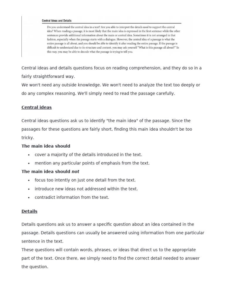 Central Ideas and Details Questions Focus on Reading Comprehension | PDF