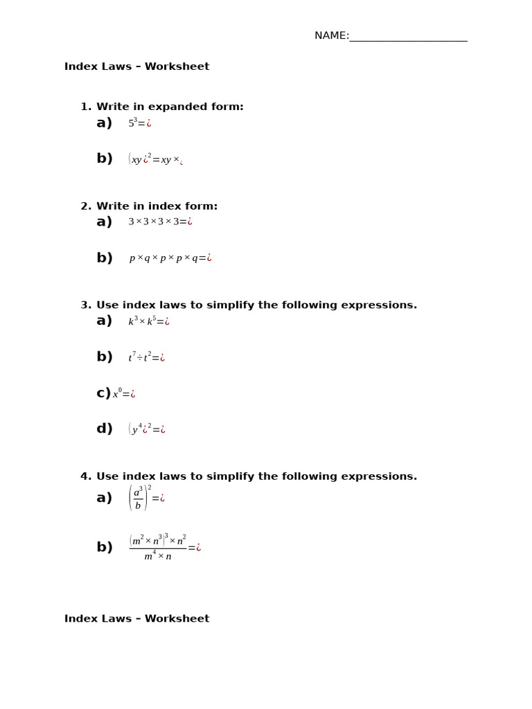 Index Laws Worksheet | PDF