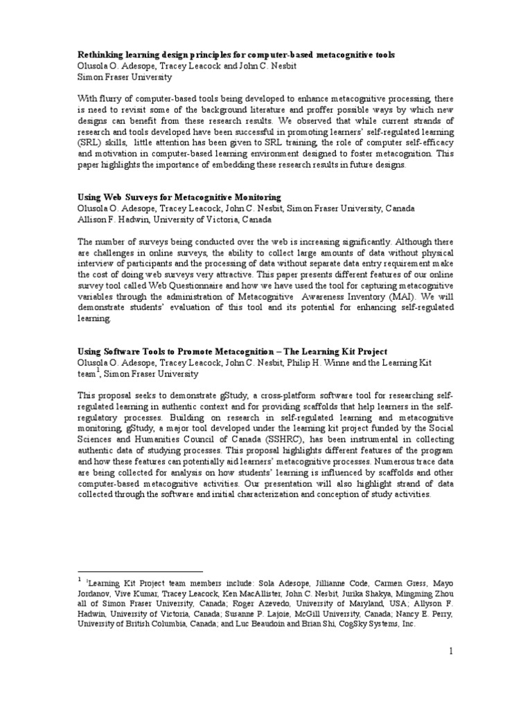 Metacog Abstr | PDF | Metacognition | Learning