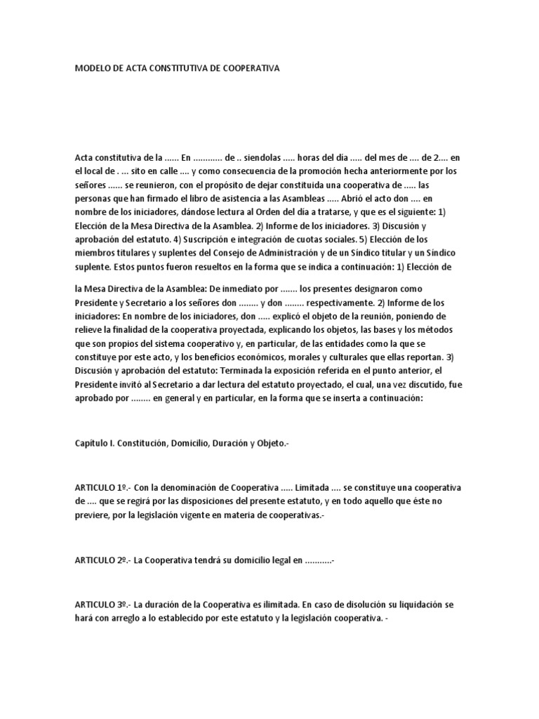 Modelo de Acta Constitutiva de Cooperativa | PDF | Liquidación | Cooperativa