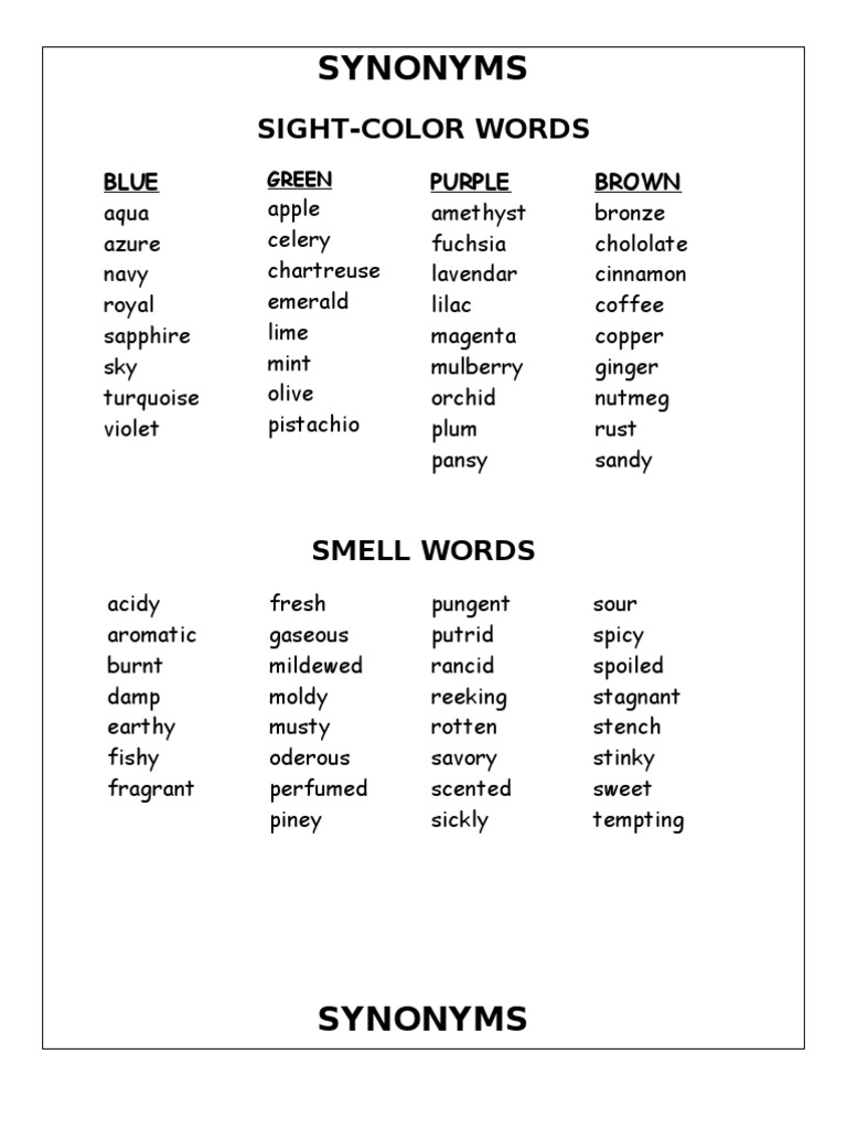 Comprehensive List of Synonyms by Category | PDF
