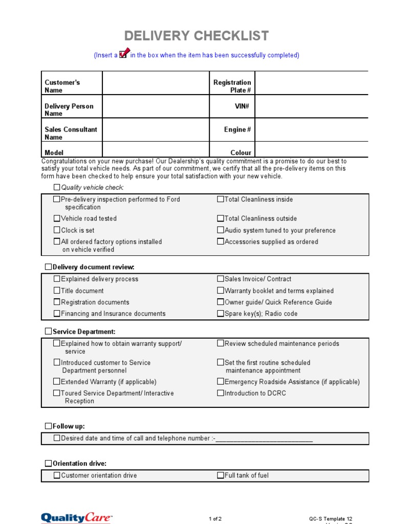 QCS Template 12 Delivery Checklist Version 2.3 | PDF | Vehicles | Trunk ...