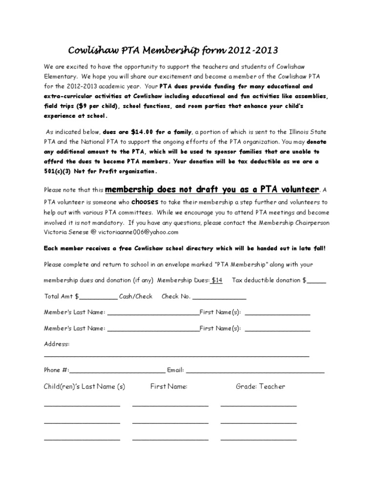 PTA - Membership Form | PDF