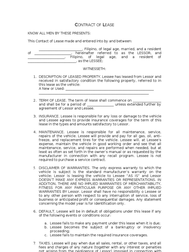 Contract of Lease (Motor Vehicle) | PDF | Lease | Indemnity