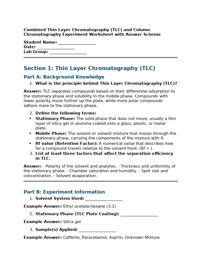Tlc & Column Experiment Worksheet (1) | PDF | Thin Layer Chromatography ...