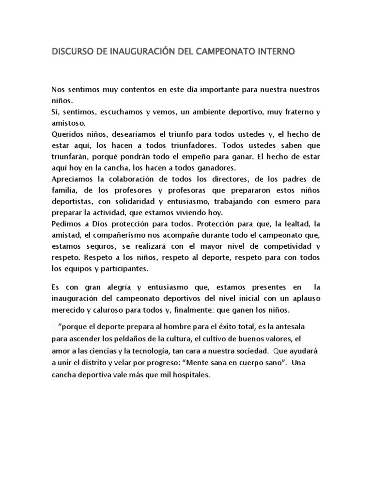 DISCURSO DE INAUGURACIÓN DEL CAMPEONATO