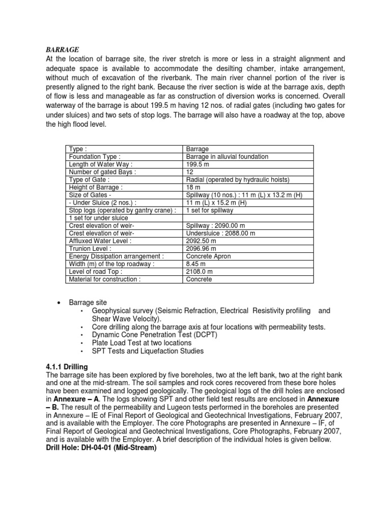 Barrage Pdf Specification Technical Standard Borehole