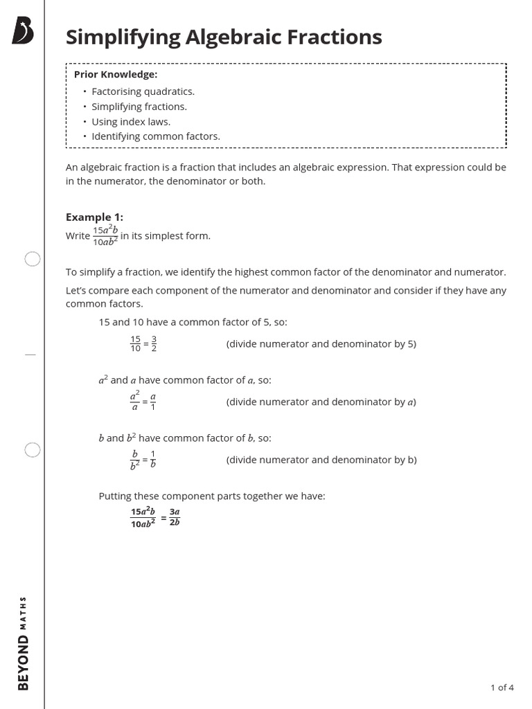 Simplifying Algebraic Fractions KS4 - Walkthrough Worksheet | PDF ...