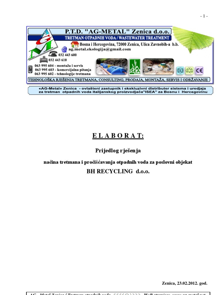 Elaborat-Prijedlog Rjesenja Tretmana Otpadnih Voda Za Otpad | PDF