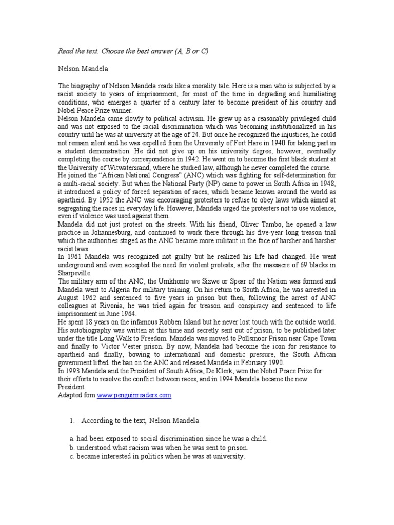 Reading Test B1 | PDF | Nelson Mandela | Apartheid