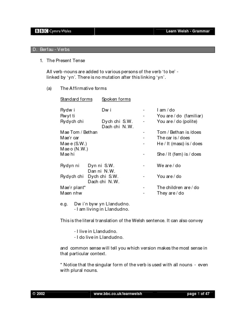 Welsh Verbs Welshgrammar D Verbs | PDF | Grammatical Number | Rules