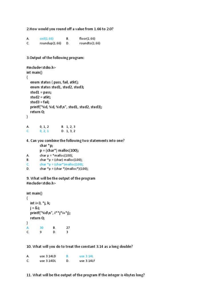 Day 2 C Programming Test Pdf C Programming Language Computer