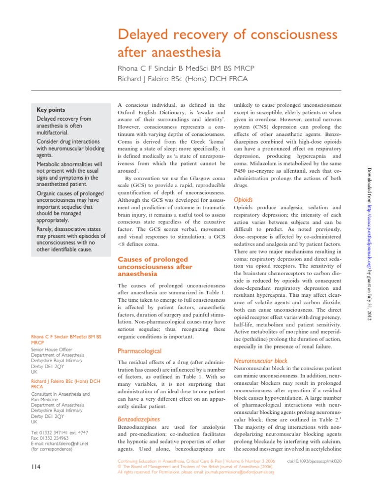 Causes of Delayed Recovery from Anaesthesia | PDF | Hypoglycemia ...
