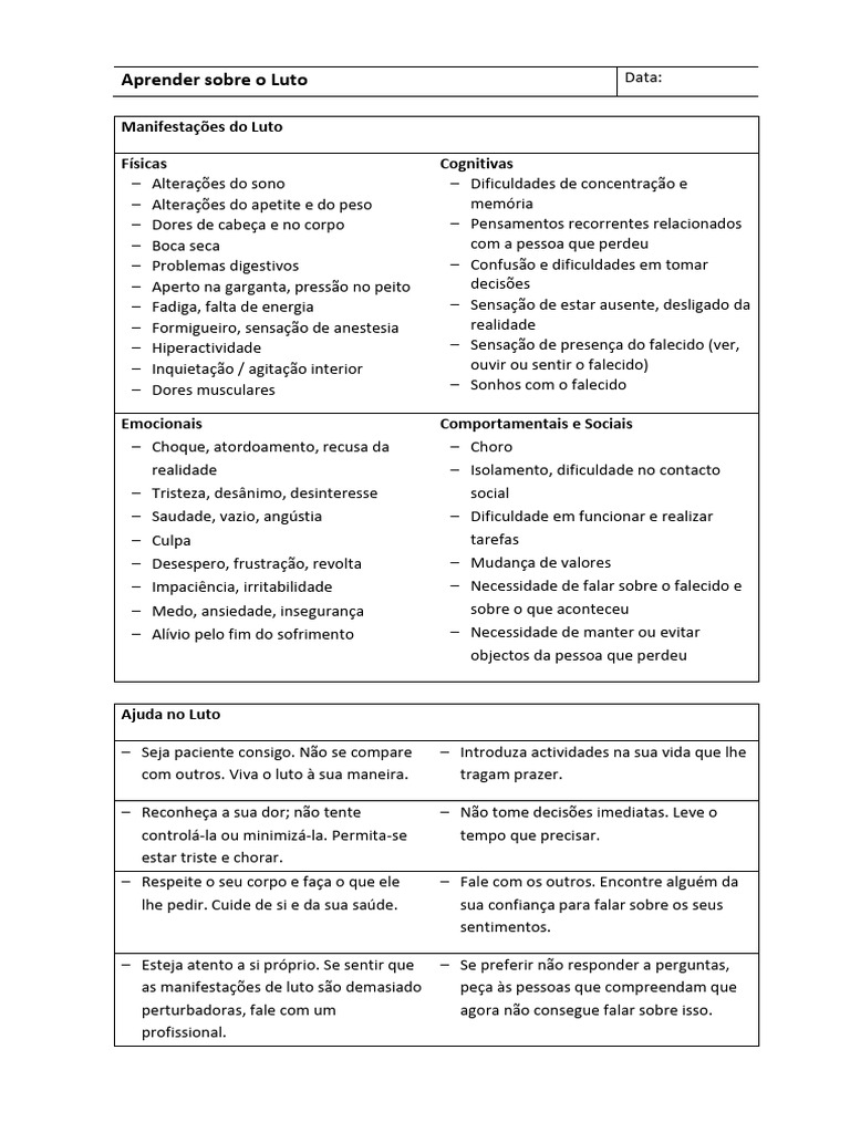 Fichas Informativas Sobre o Luto (3) | PDF | Pensamento | Dor