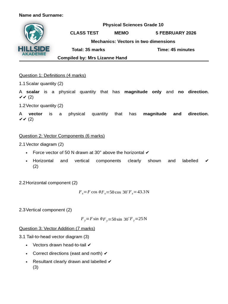 2026 Physical Science Grade 11 Class Test 0502_memo | PDF | Force ...