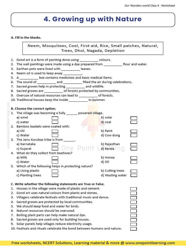 Class 4 EVS Chapter 4 Growing Up With Nature Worksheet | PDF