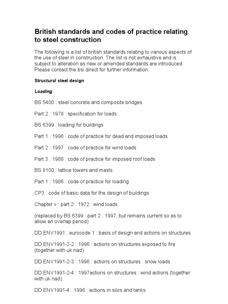 British Standards and Codes of Practice Relating To Steel Construction ...