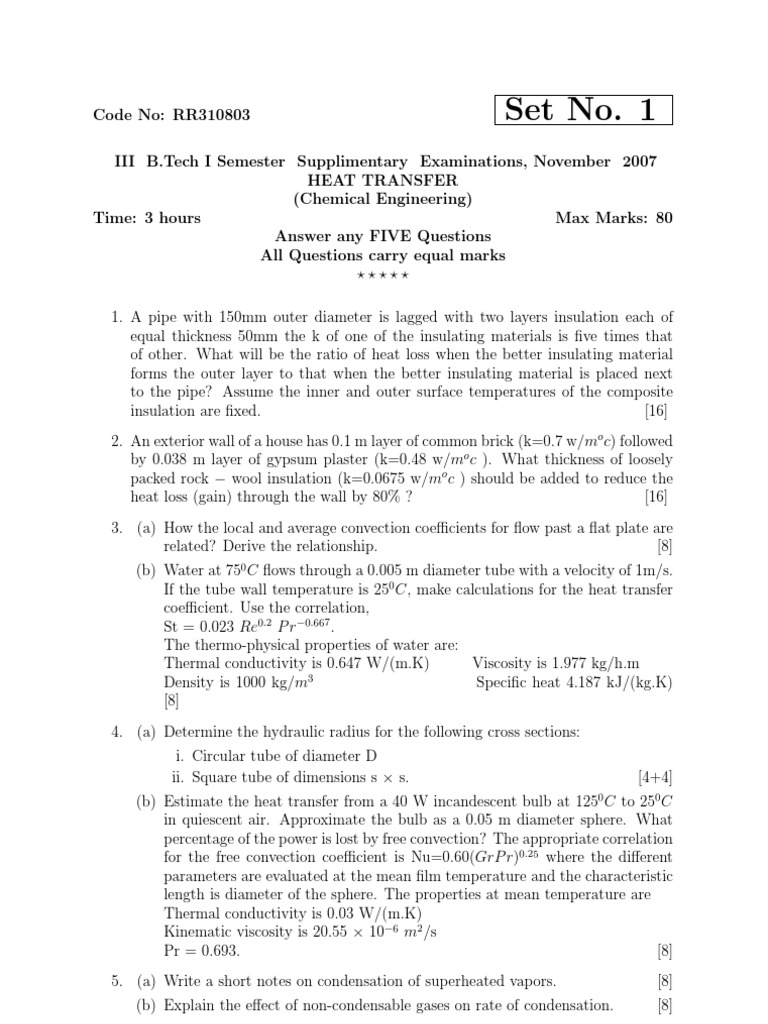 Heat Transfer Exam Questions for Chemical Engineering | PDF | Teaching ...