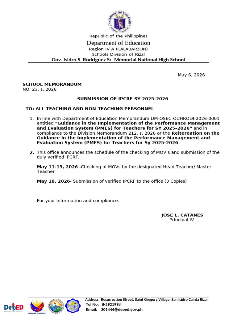 School Memo NO 23. S 2026 SUBMISSION OF IPCRF 2025-2026 | PDF | Chess ...