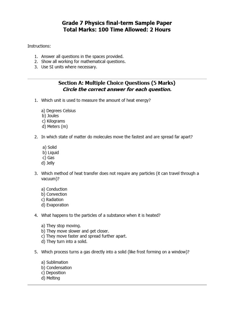 Grade 7 Physics Final Term Sample Paper | PDF | Heat Transfer | Gases