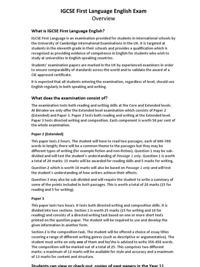IGCSE First Language English Overview | PDF | Student Assessment And ...