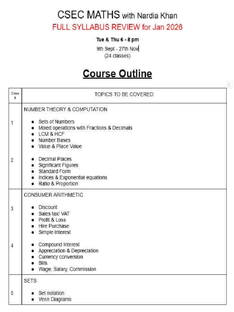 Mathematics CSEC Course Outline | PDF