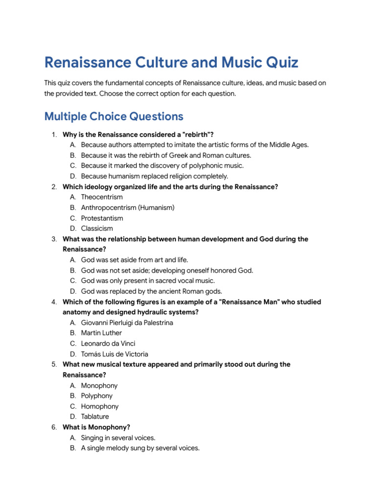 Renaissance Culture and Music Quiz | PDF | Renaissance | Musical ...