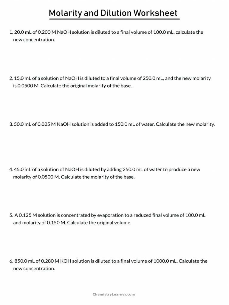 Molarity and Dilution Worksheet | PDF